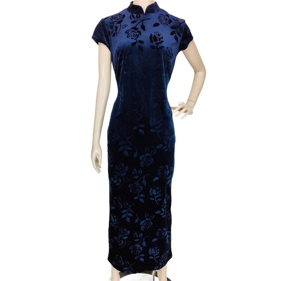 Vintage | Dresses | Vintage Knapp Studio Blue Velvet Floral Mandarin ...